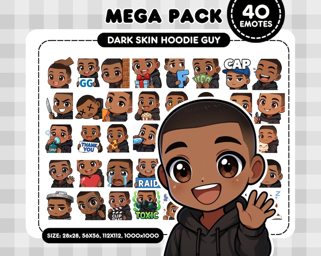 Dark Skin Hoodie Guy Twitch Emotes Pack - 40 Chibi Male Streamer Emotes ...