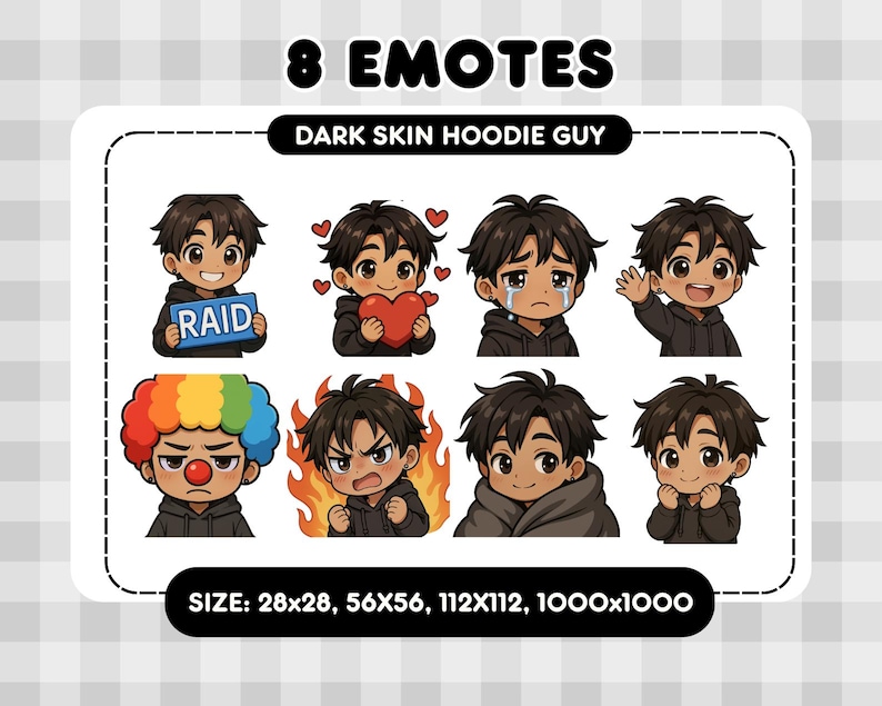 Chibi Dark Skin Hoodie Guy Twitch Emotes: Gamer PNG Pack (digital ...