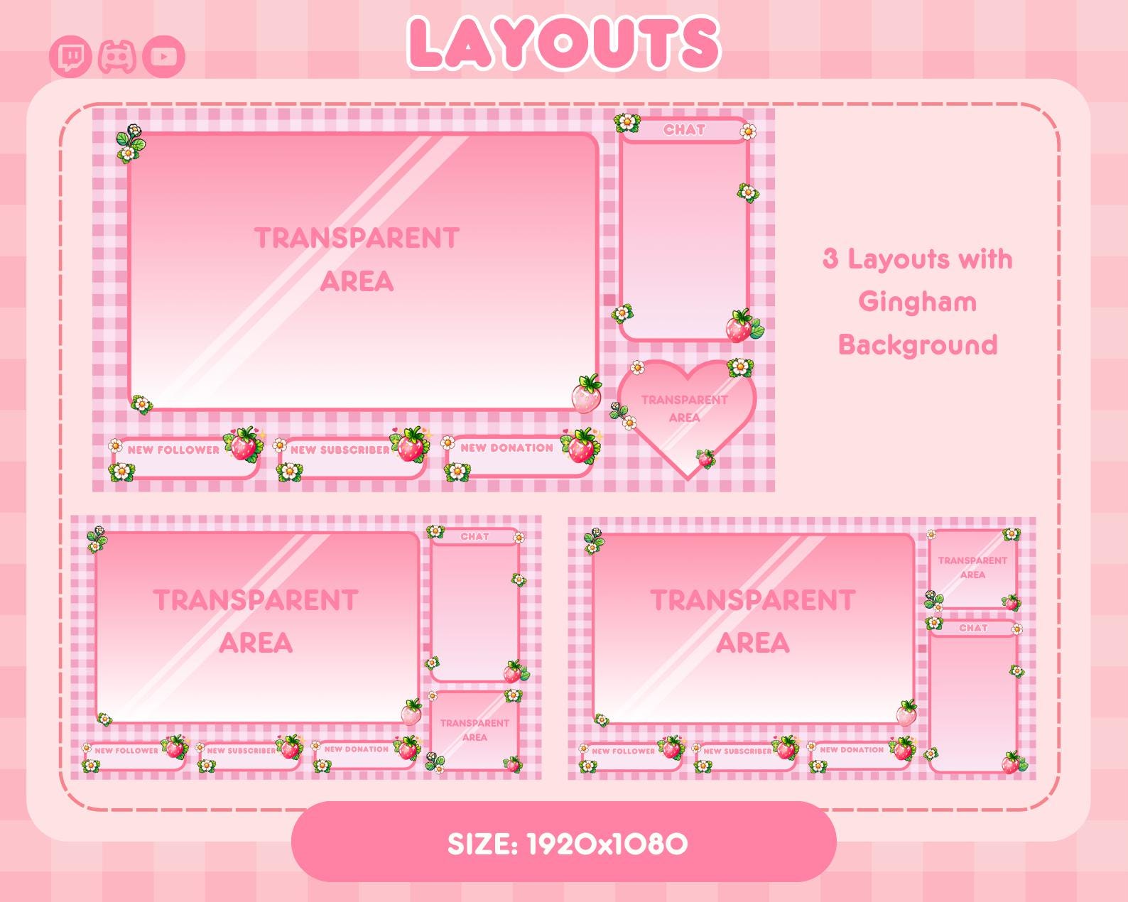 Strawberry Stream Pack: Pink Animated Twitch Vtuber Overlay (digital ...
