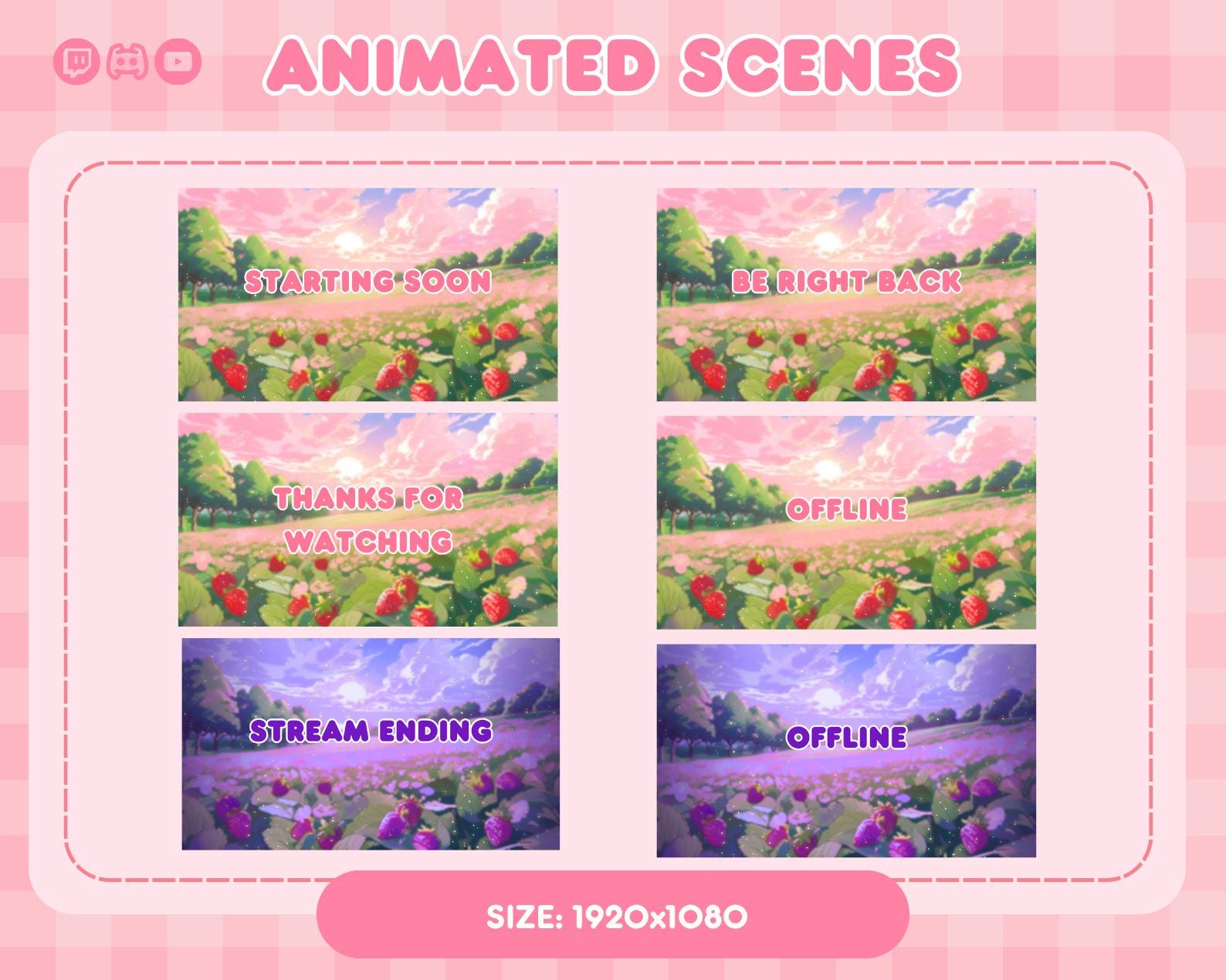 Strawberry Stream Pack: Pink Animated Twitch Vtuber Overlay (digital ...