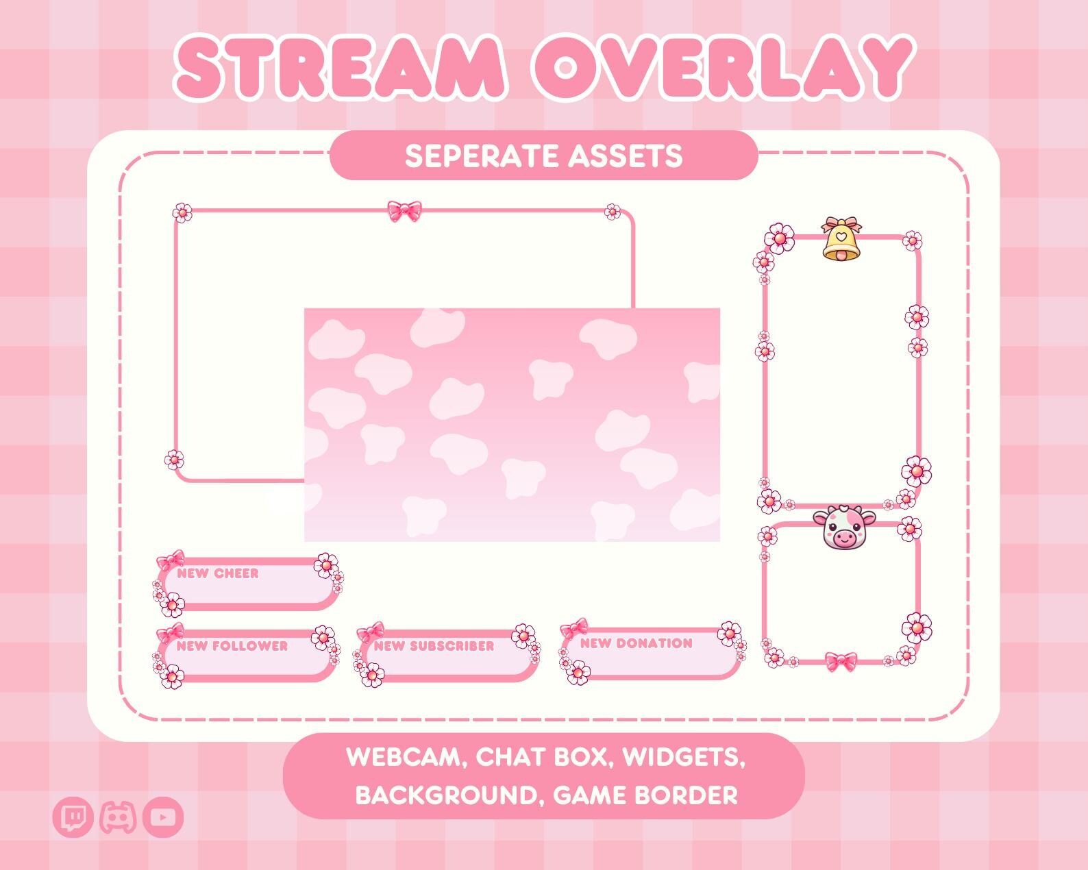 Pink Cow-themed Twitch Overlay Pack | Preset Webcam, Chatbox, Widgets ...