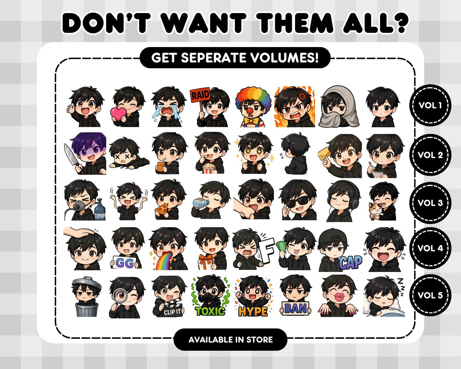 Black Hoodie Guy Twitch Emotes Pack - 40 Chibi Male Streamer Emotes for ...