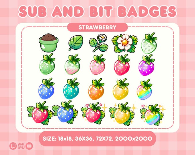 Cute Strawberry Twitch Sub Badges & Bit Badges | Plant Fruit-themed ...