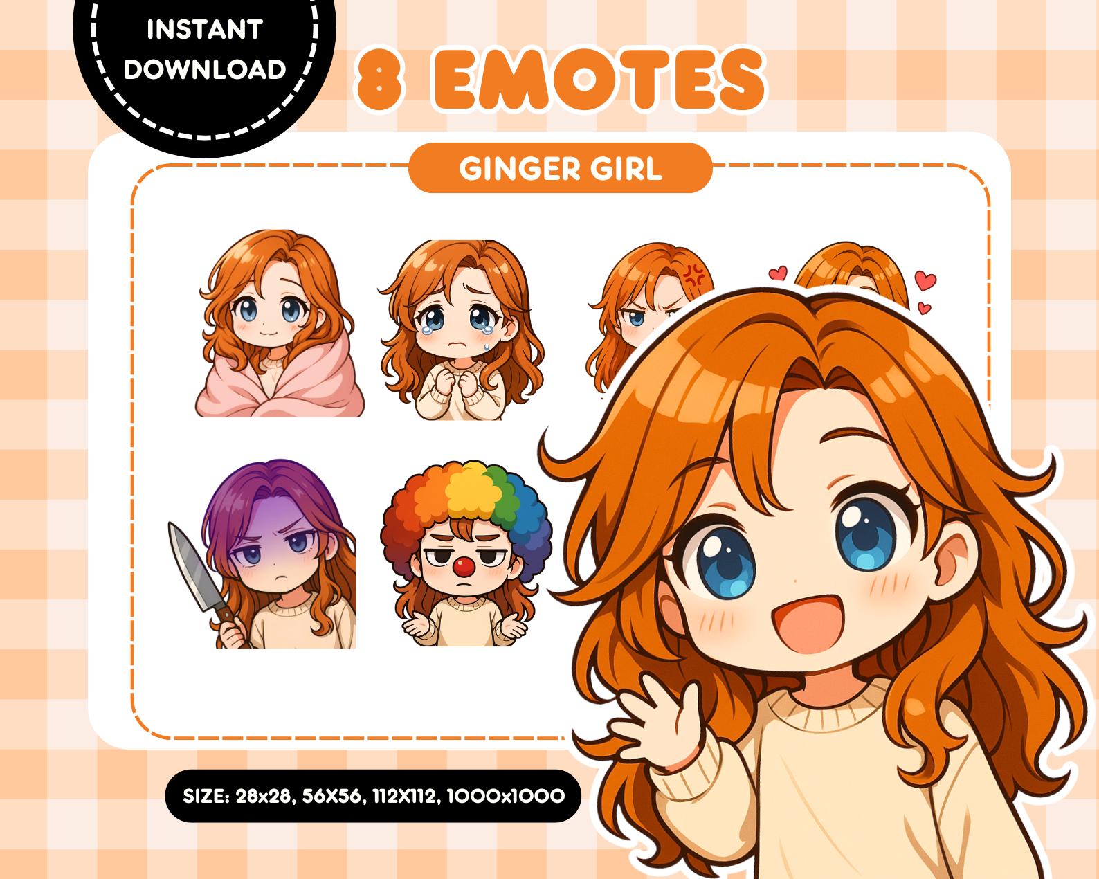 Ginger Hair Girl Twitch Emotes | Cute Chibi Blue-eyed Anime Emote Set ...