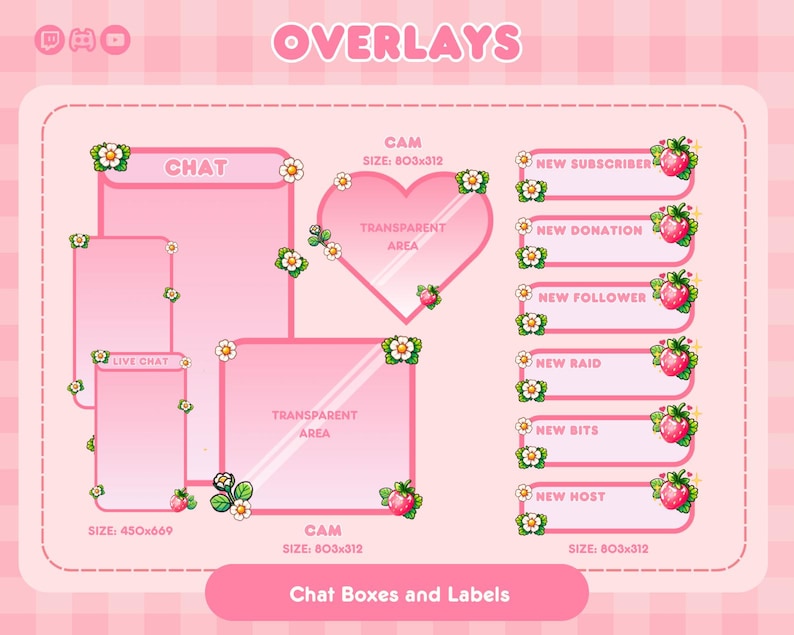 Strawberry Stream Pack: Pink Animated Twitch Vtuber Overlay (digital ...