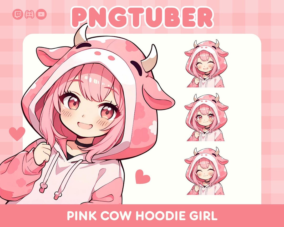 Pink Cow Hoodie Girl PNG Tuber, Vtuber Avatar, Premade Model, Veado ...