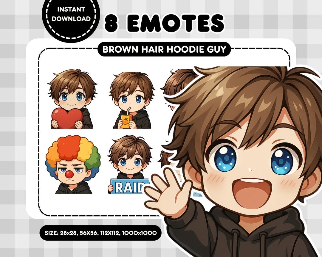 Chibi Anime Boy Twitch Emotes | Brown Hair Blue Eyes Male Emotes | Cute ...
