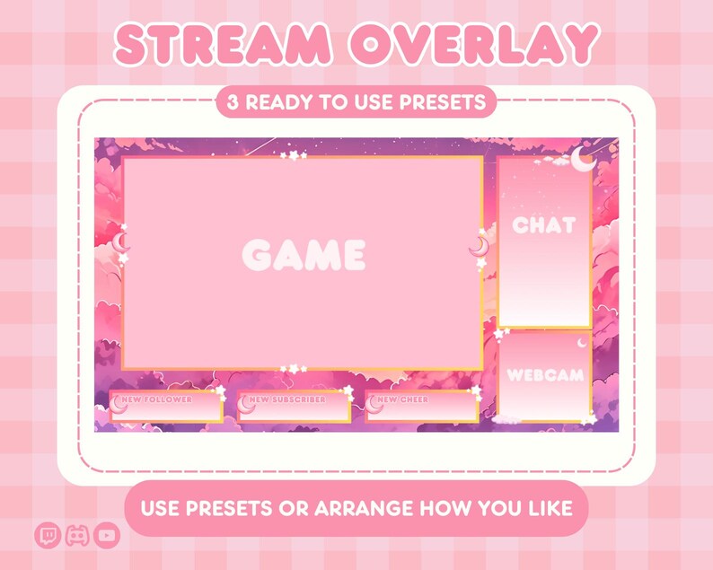 Pink Sky Celestial Stream Overlay Pack, Moon and Stars Theme, OBS ...