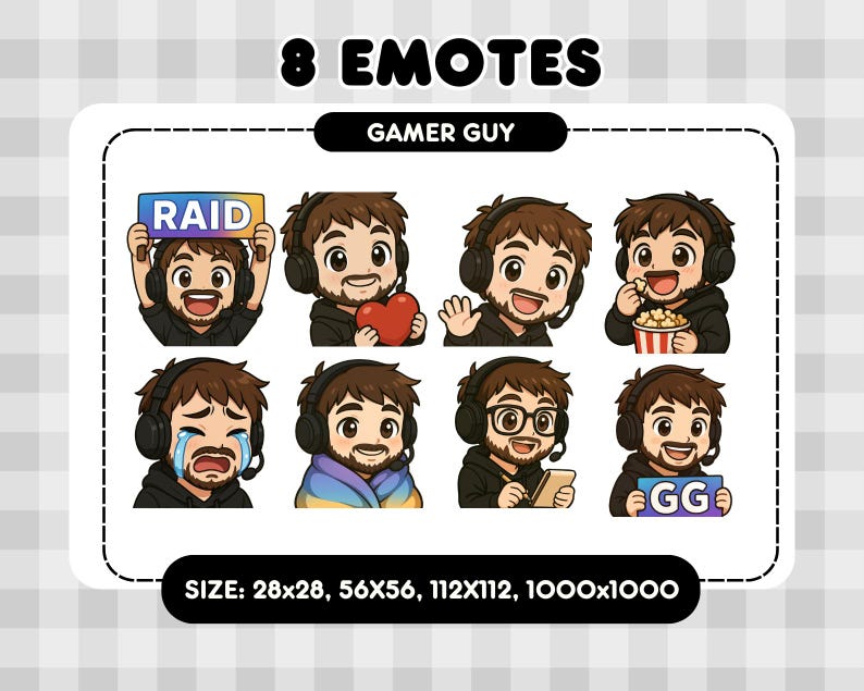 Chibi Anime Emotes of Gamer Guy | Brown Hair Male Twitch Emotes | Chibi ...