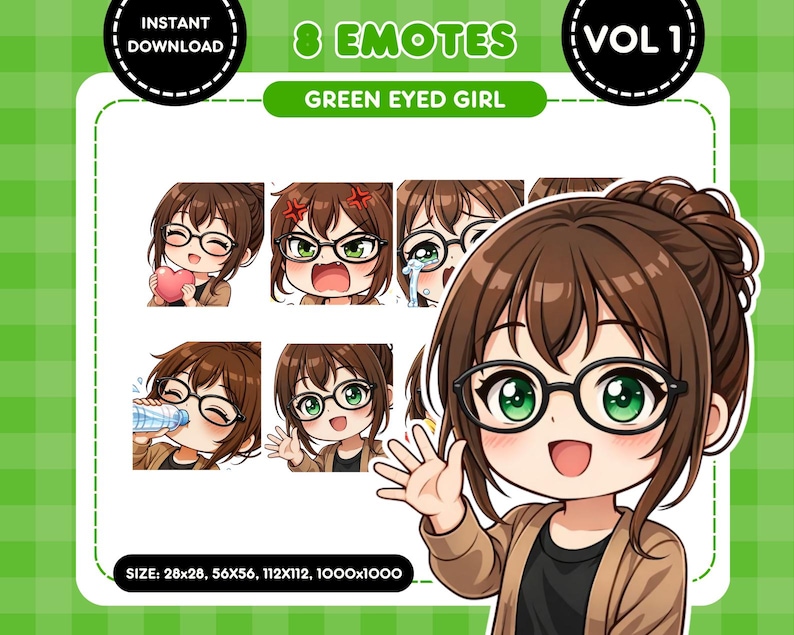 Green Eyed Girl Twitch Emote Pack | Streamer Brown Hair Glasses Emotes ...