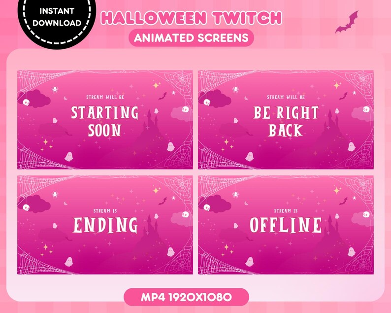 Pink Halloween Animated Stream Screens | Cute Ghost & Skull Overlay ...