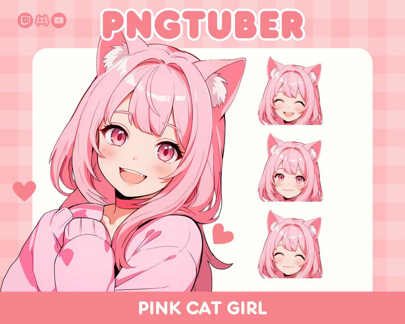 Cute Pink Cat Girl Pngtuber Model | 2D Premade Model, Cute Anime ...