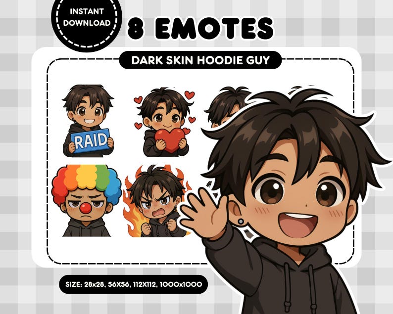 Dark Skin Hoodie Guy Twitch Emotes – Chibi Emote Pack for Streamers ...