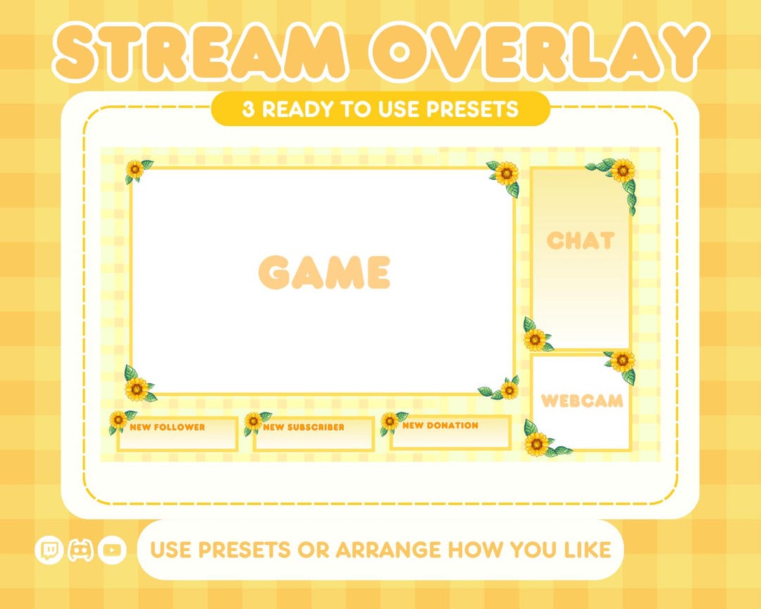 Sunflower Yellow Gingham Stream Overlay Pack OBS & Streamlabs, 3 ...
