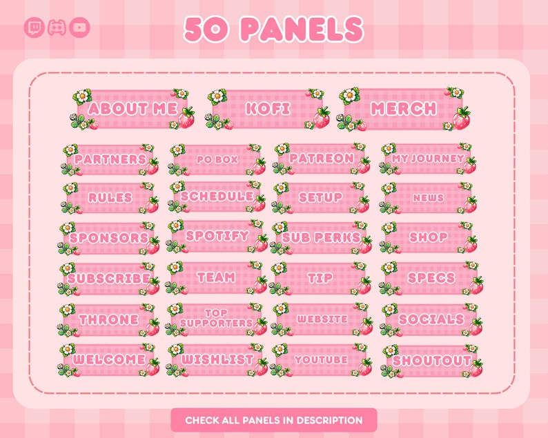 Strawberry Stream Pack: Pink Animated Twitch Vtuber Overlay (digital ...