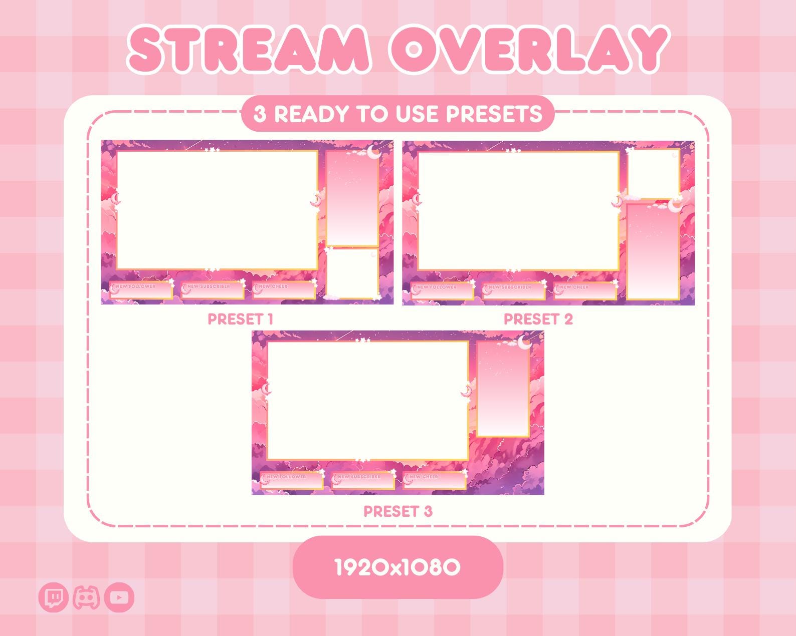 Pink Sky Celestial Stream Overlay Pack, Moon and Stars Theme, OBS ...