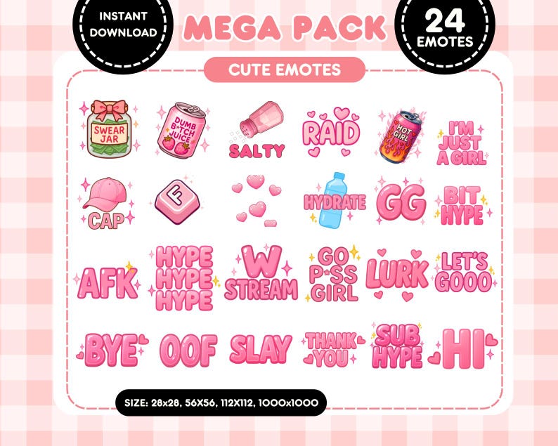 Girly Pink Meme Twitch Emotes: Word Animated & Static Emote Set ...