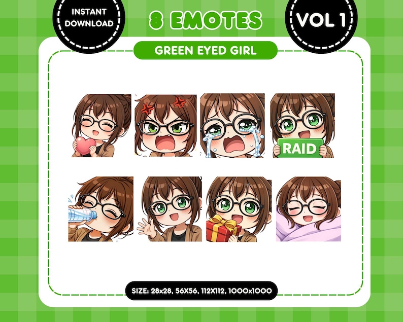 Green Eyed Girl Twitch Emote Pack | Streamer Brown Hair Glasses Emotes ...