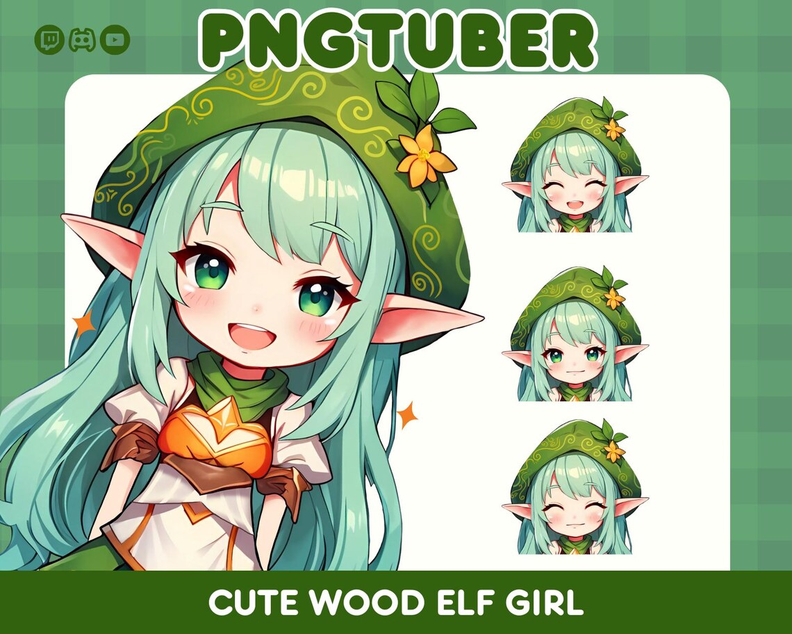 Cute Elf Girl Woodland Creature Pngtuber Model Kawaii Blue-haired Chibi ...