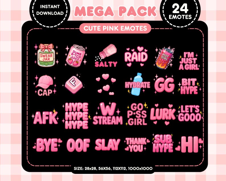 Girly Pink Meme Twitch Emotes: Word Animated & Static Emote Set ...