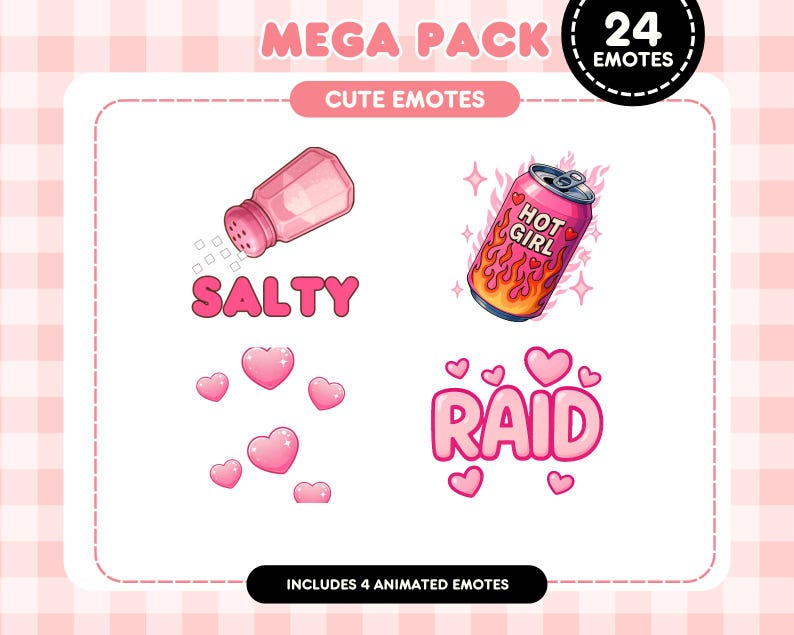 Girly Pink Meme Twitch Emotes: Word Animated & Static Emote Set ...