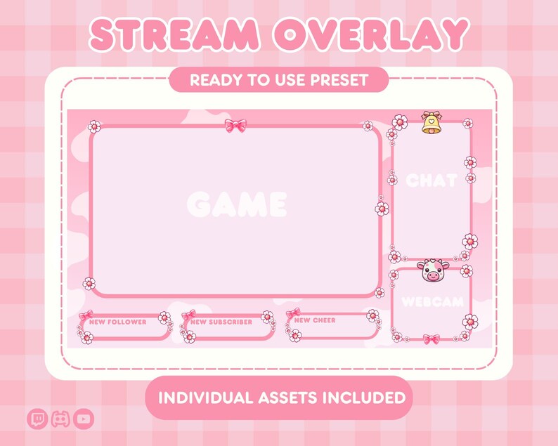 Pink Cow-themed Twitch Overlay Pack | Preset Webcam, Chatbox, Widgets ...