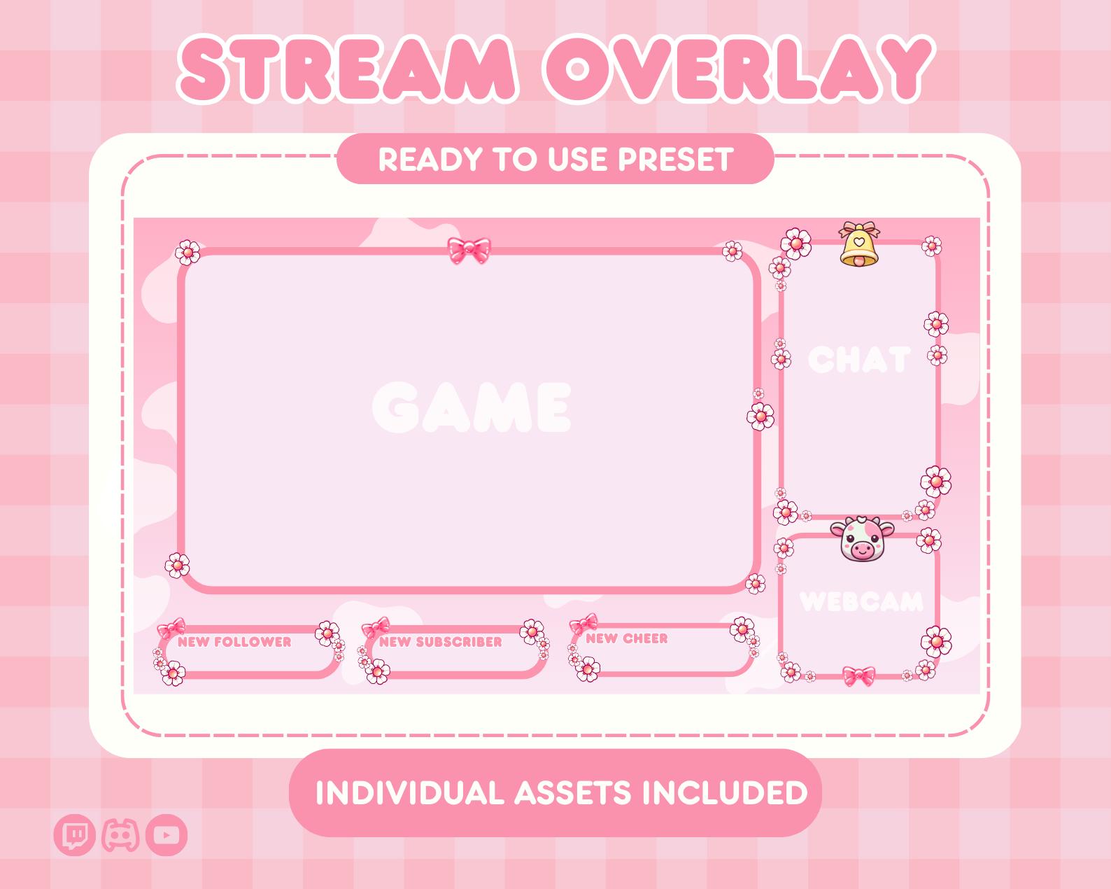 Pink Cow-themed Twitch Overlay Pack | Preset Webcam, Chatbox, Widgets ...