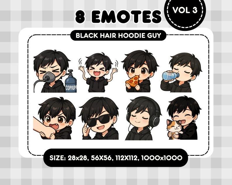 Anime Black Hair Boy Twitch Emotes Pack: Copium, Hug, Pizza Emotes, Guy ...