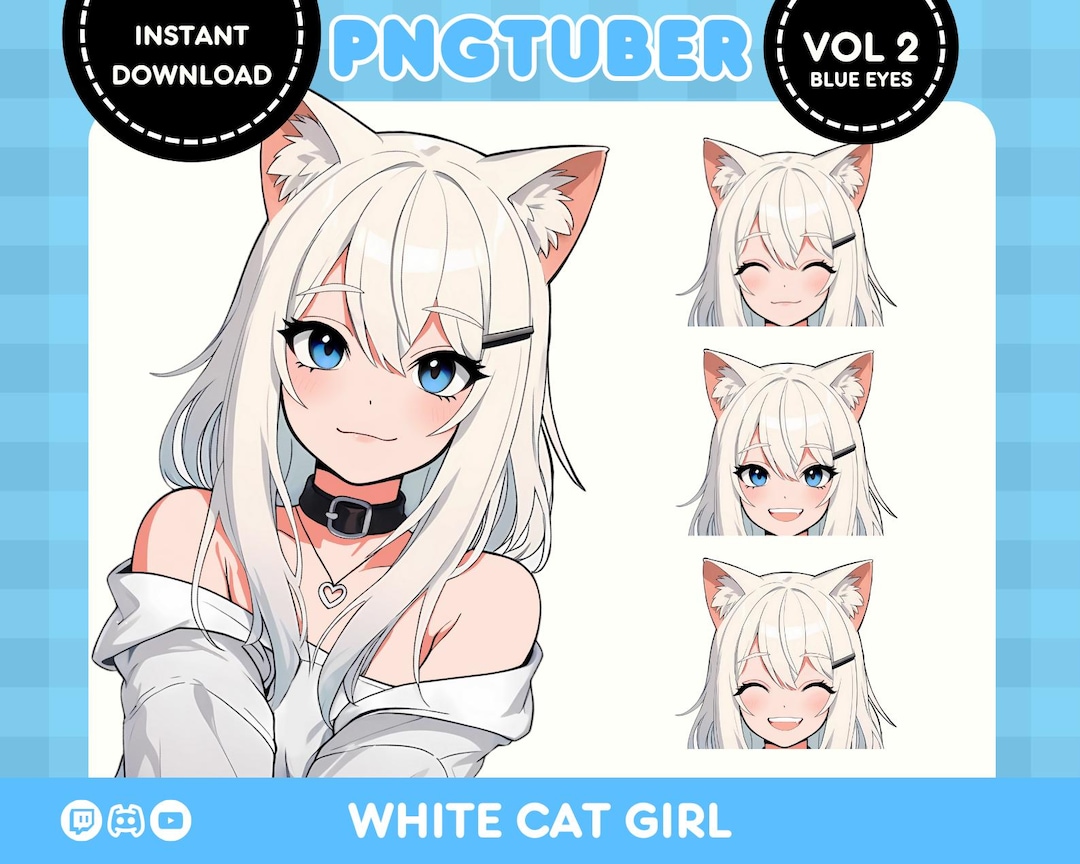 White Cat Girl Pngtuber: Chibi Vtuber Model, Cute Cat Girl PNG Tuber, Premade PNG Tuber, Premade ...