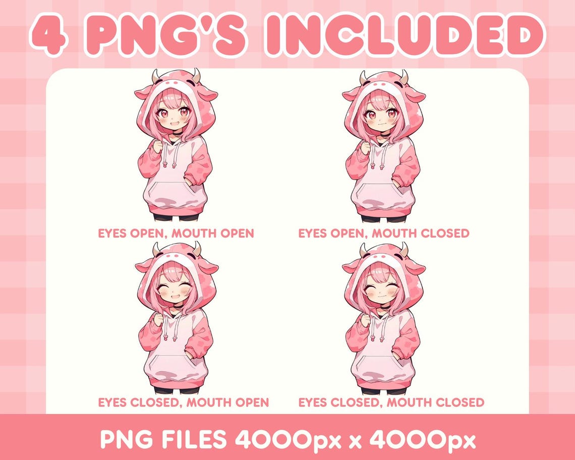 Pink Cow Hoodie Girl PNG Tuber, Vtuber Avatar, Premade Model, Veado ...