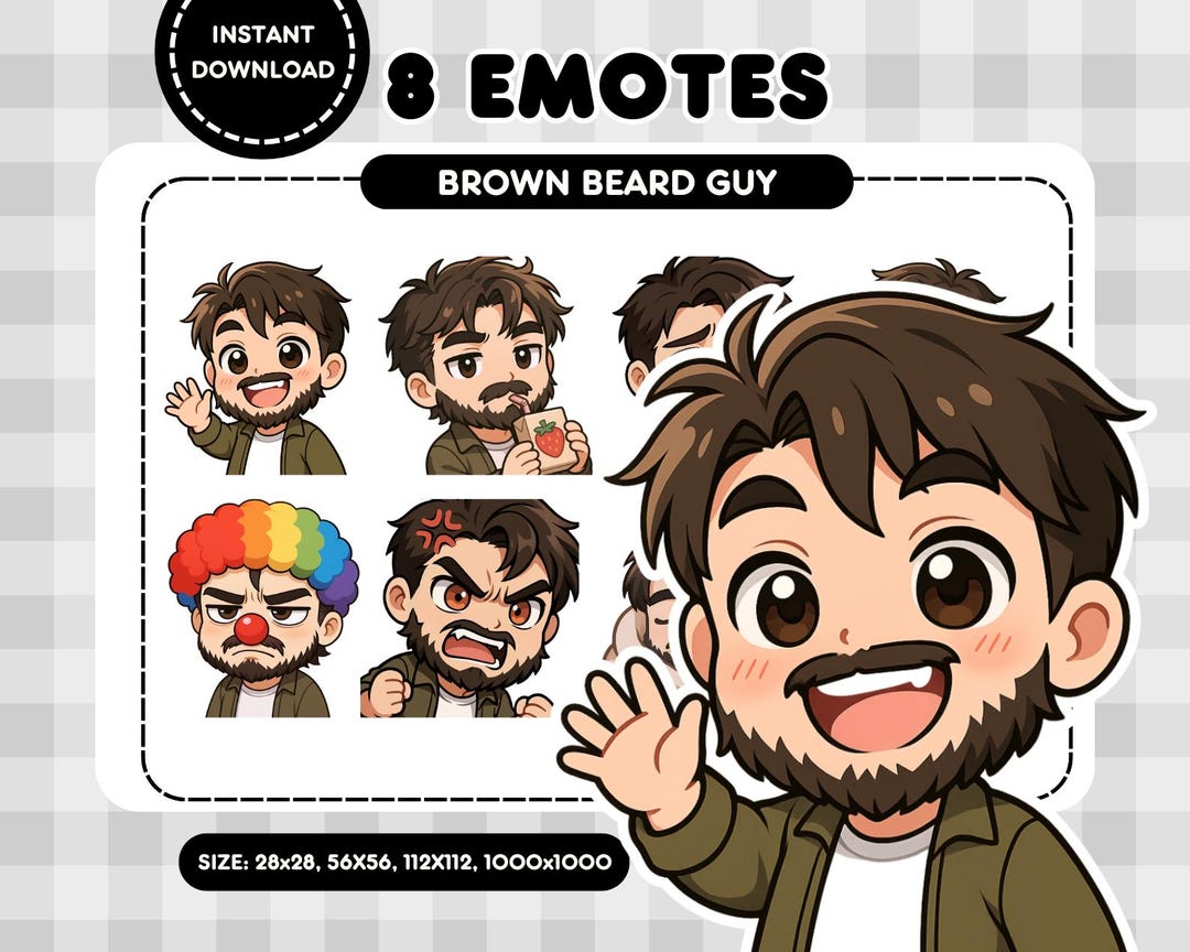 8 Brown Hair Beard Guy Twitch Emotes | Chibi Streamer Emotes PNG ...