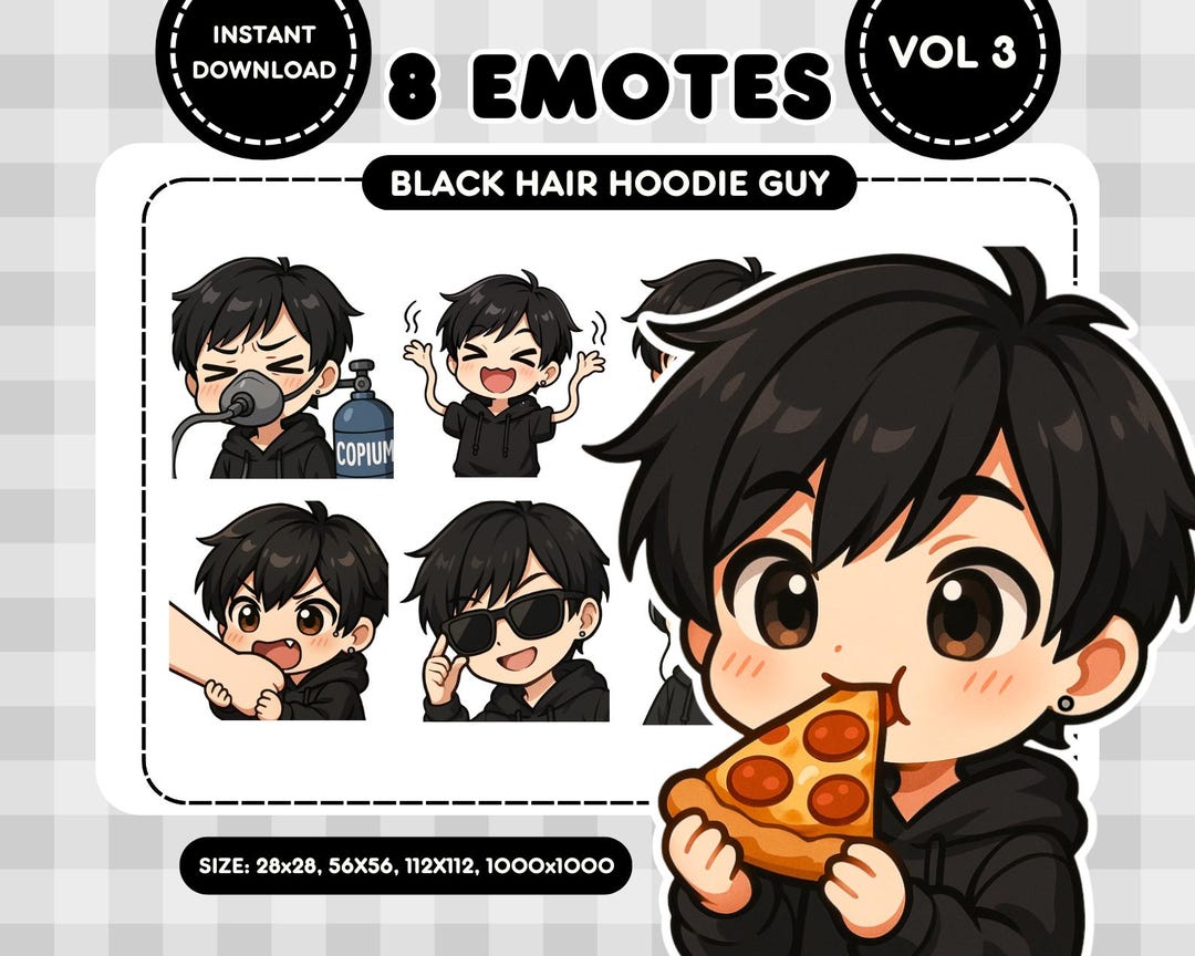 Anime Black Hair Boy Twitch Emotes: Copium, Pizza - Etsy