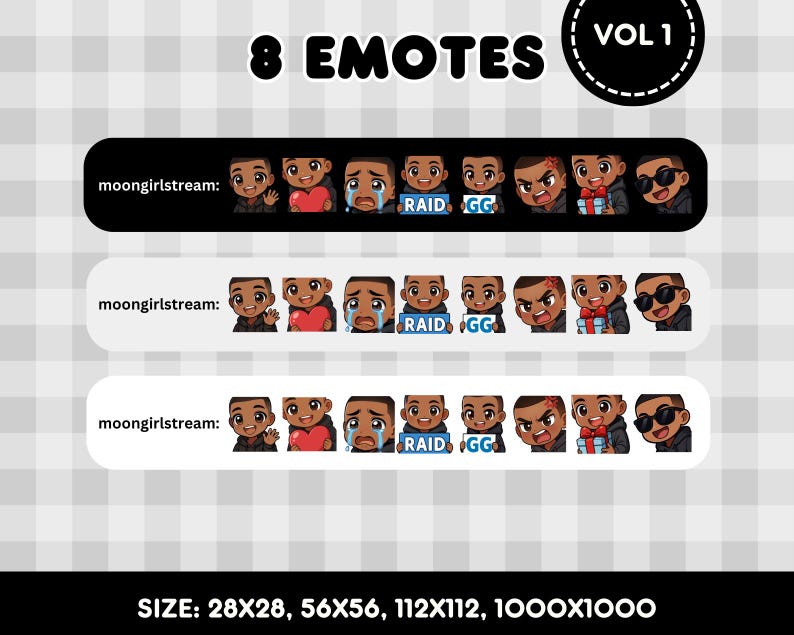 Black Guy Twitch Emote Pack – 8 Chibi Emotes (heart, Angry, Sad, Raid ...