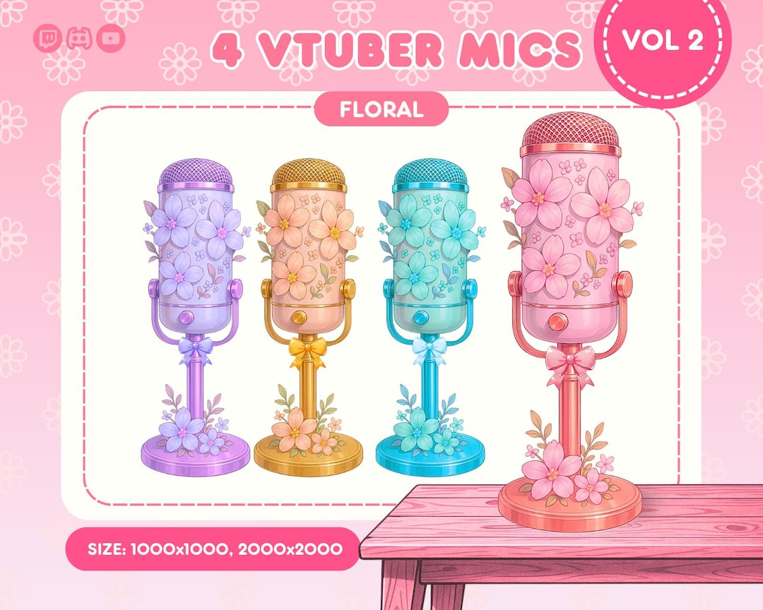 Floral Mic PNG for Vtuber | 4 Color Vtube Studio Mic Props | Cute ...
