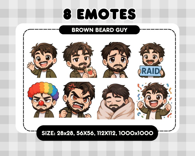 Brown Hair Beard Guy Twitch Emotes: Chibi Gamer Set (digital Download ...