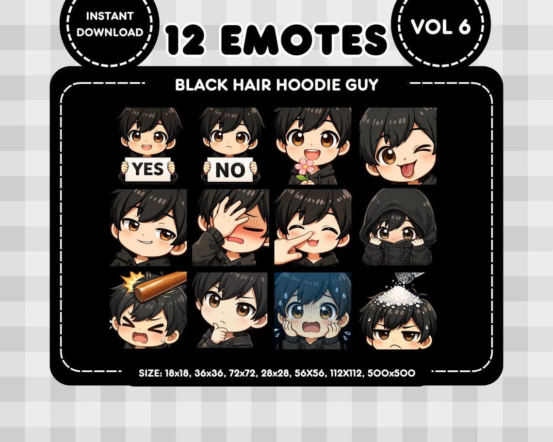 Black Hair Hoodie Guy Emotes for Twitch (digital Download) - Etsy