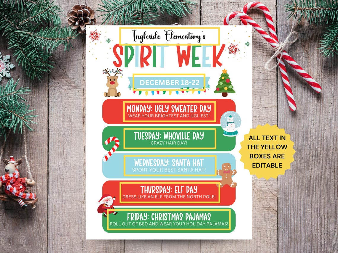 EDITABLE Christmas Spirit Week Flyer Canva Template, School Spirit ...