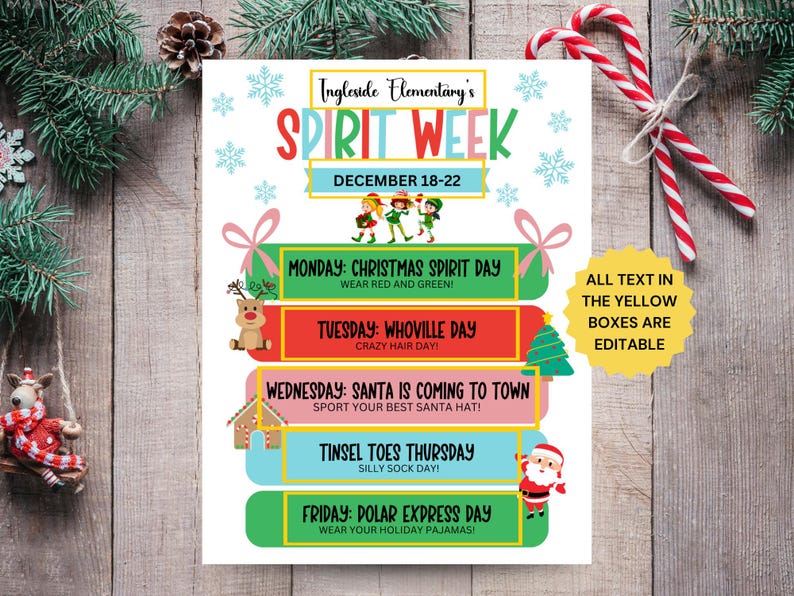 EDITABLE Christmas Spirit Week Flyer Canva Template, School Spirit ...