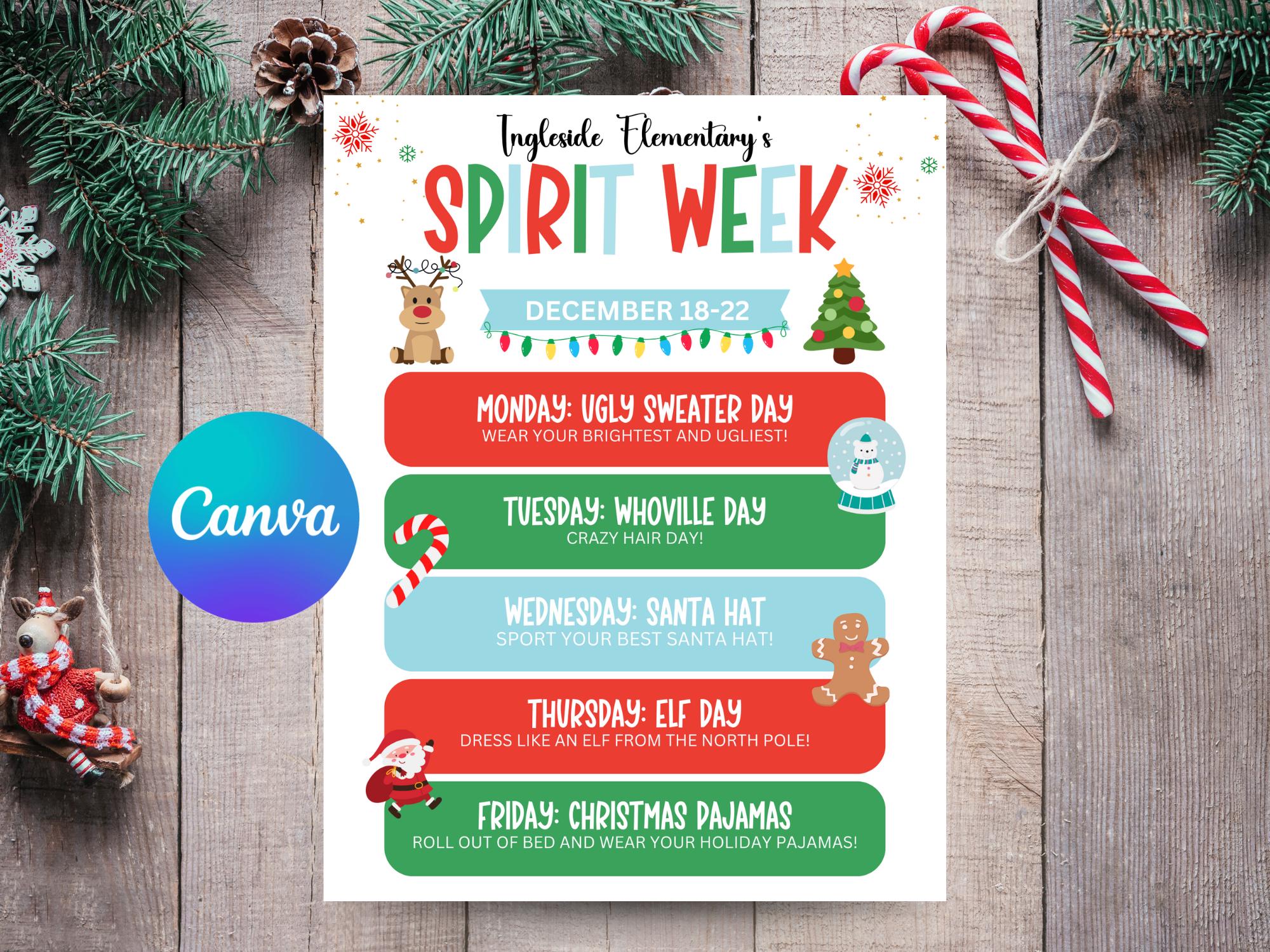 EDITABLE Christmas Spirit Week Flyer Canva Template, School Spirit ...