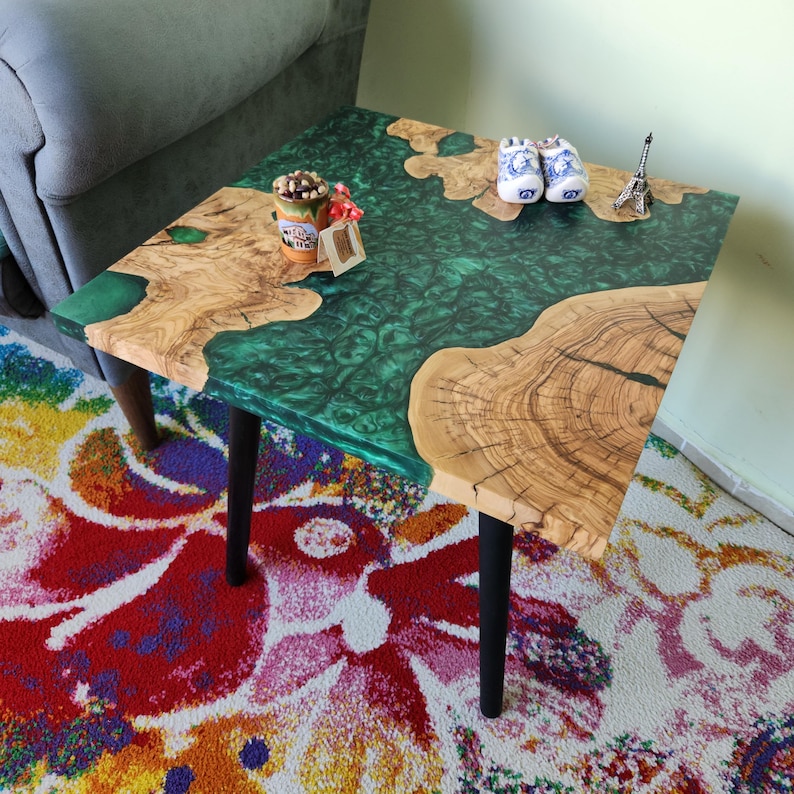 Resin & Olive Wooden Coffee Table, Custom Made Epoxy Side Table, Coffee Table Square, Epoxy End ...