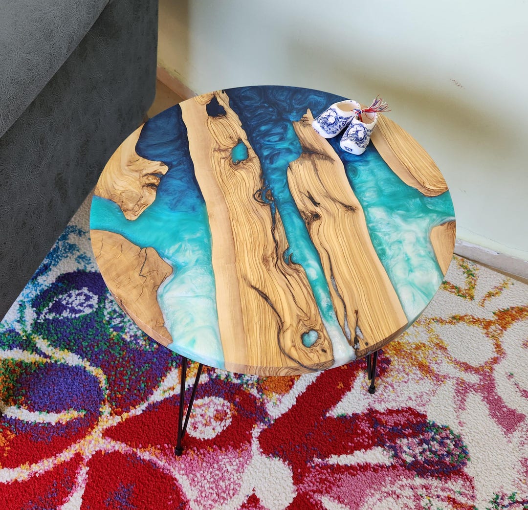 Epoxy Coffee Table, Custom Made Epoxy Side Table, Resin & Olive Wooden ...