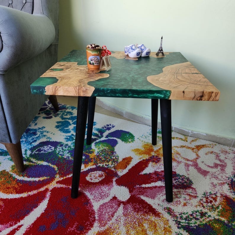 Resin & Olive Wooden Coffee Table, Custom Made Epoxy Side Table, Coffee Table Square, Epoxy End ...