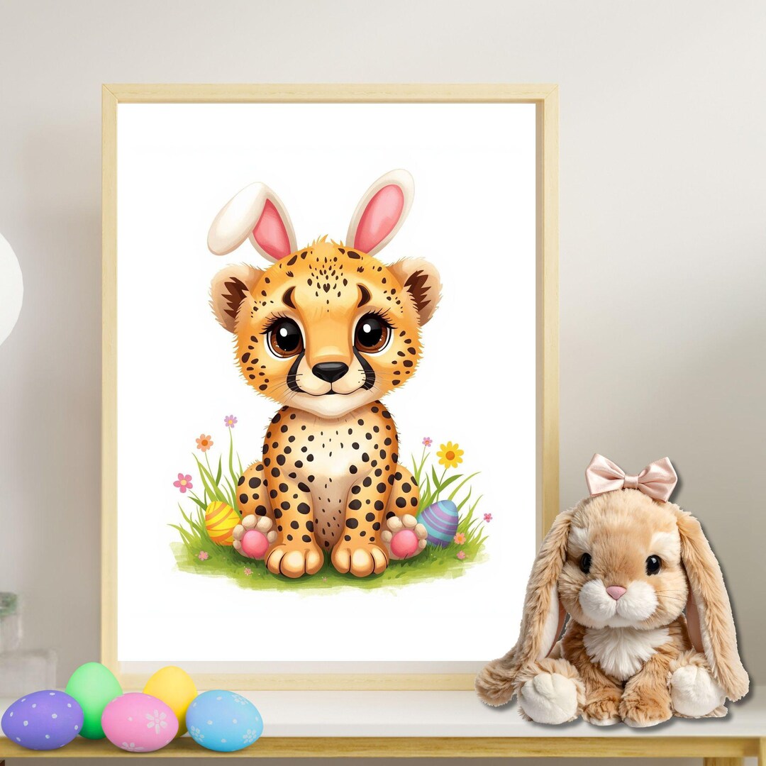 Printable Easter Cheetah Nursery Wall Art, Safari Animal Print, Bunny ...
