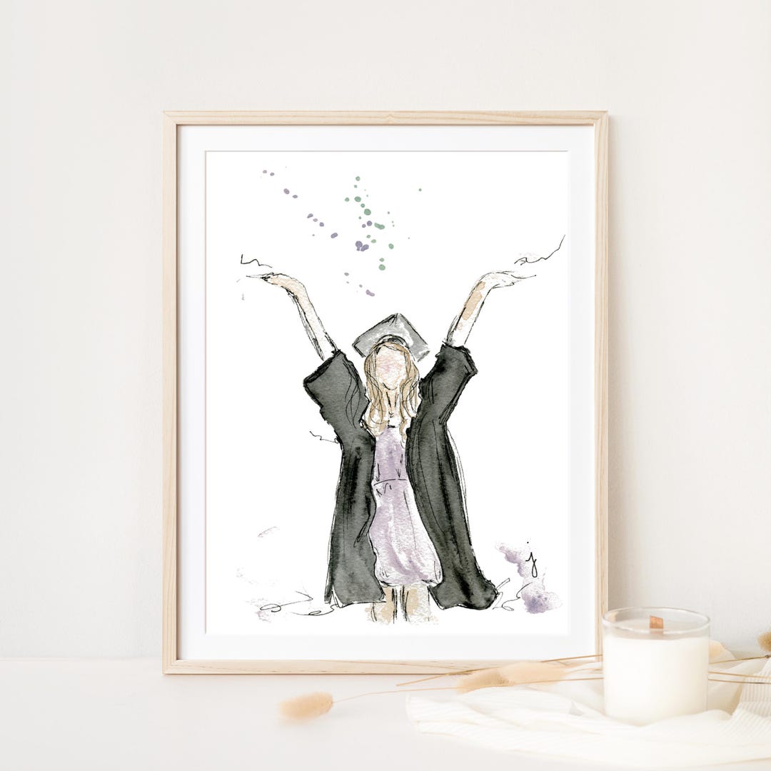 Modern Watercolor Graduation Wall Art | Grad Girl Celebrating Print ...