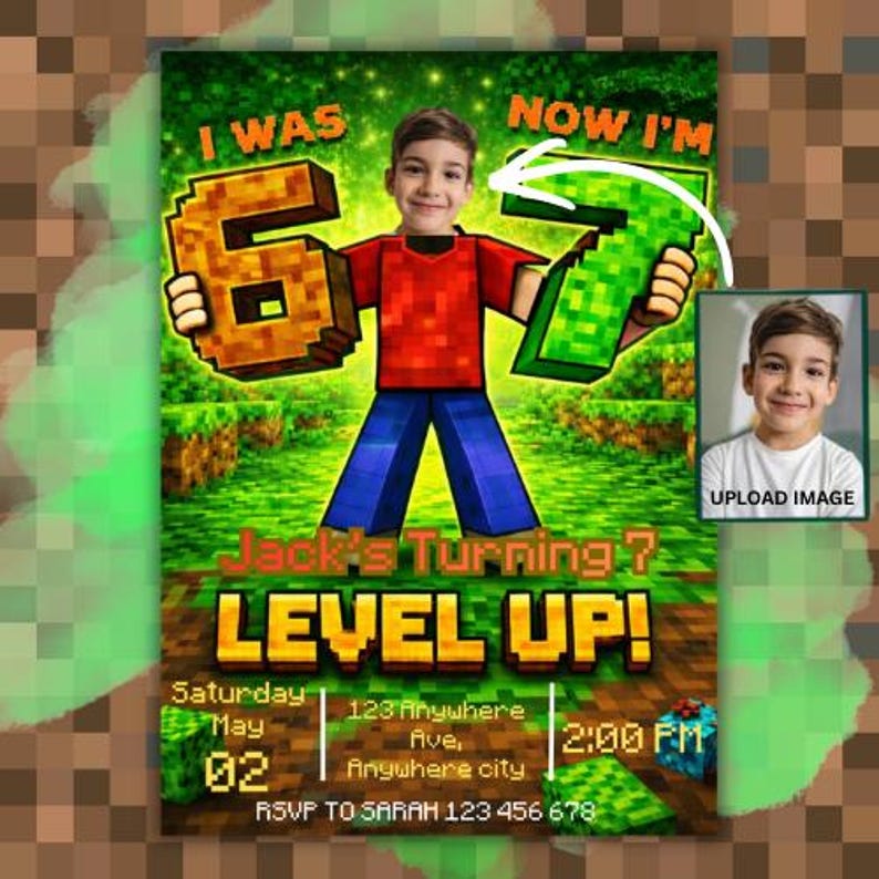 Editable Six Seven Pixel Block Meme Birthday Invitation, 7th Birthday ...