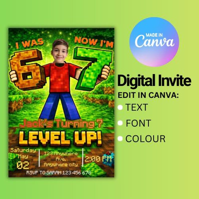 Editable Six Seven Pixel Block Meme Birthday Invitation, 7th Birthday ...