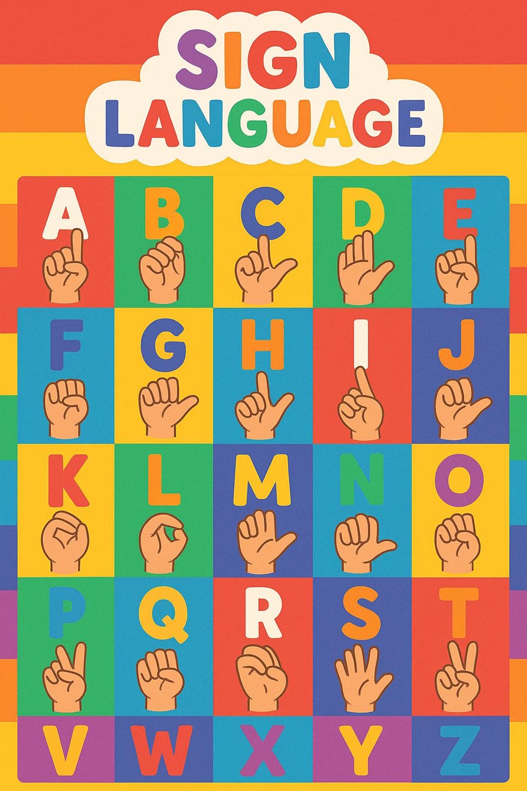 Colorful Sign Language Alphabet Chart for Kids – ASL Wall Art for ...