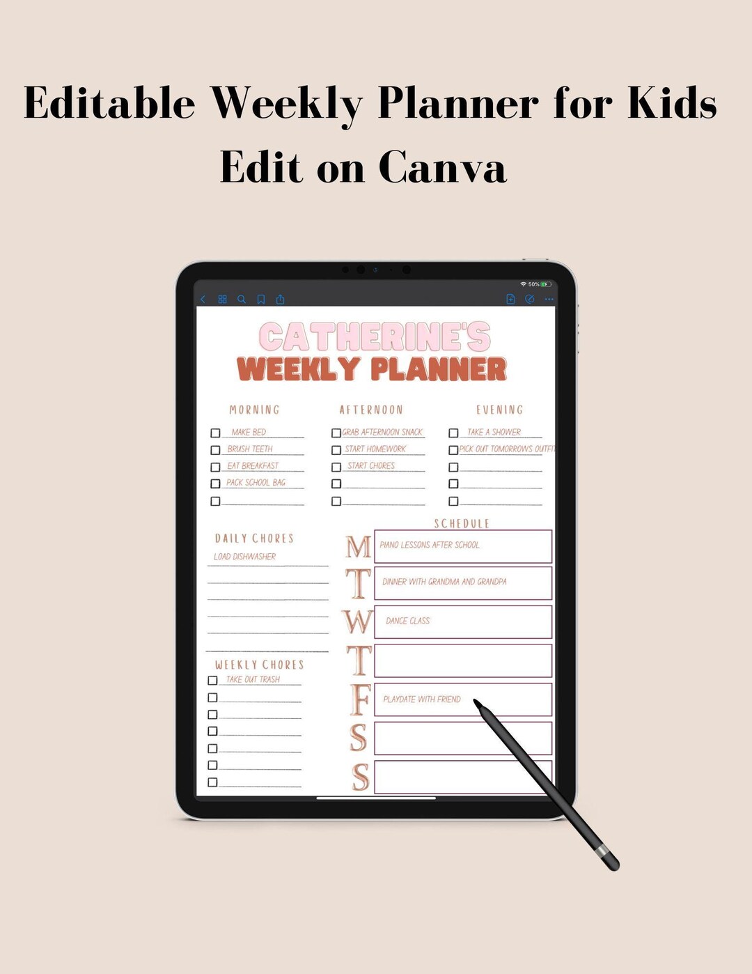 Editable Kids Weekly Planner | Printable Chore Chart & Responsibility ...
