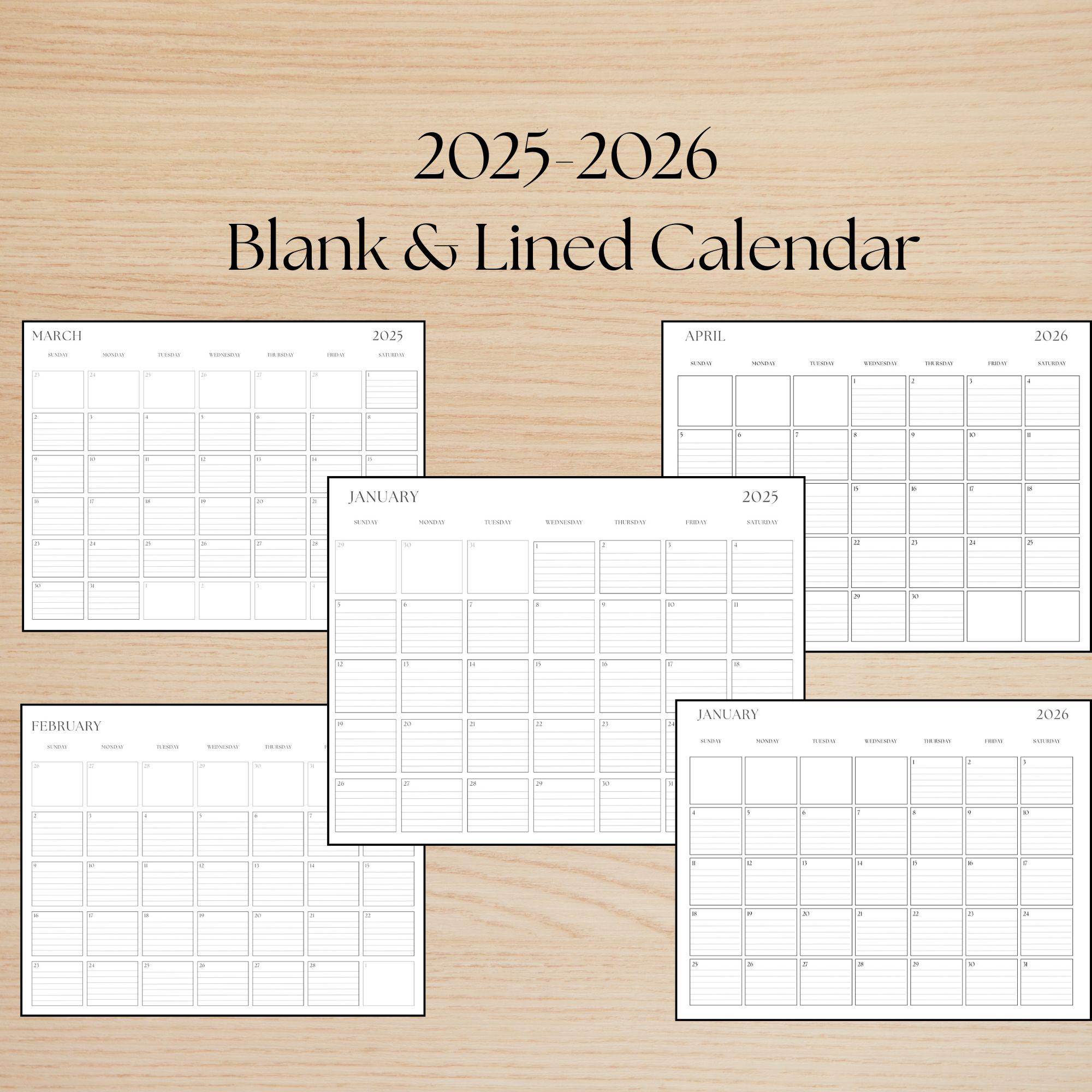 2025 2026 Calendar Printable | Digital Download With Lines | Minimalist ...