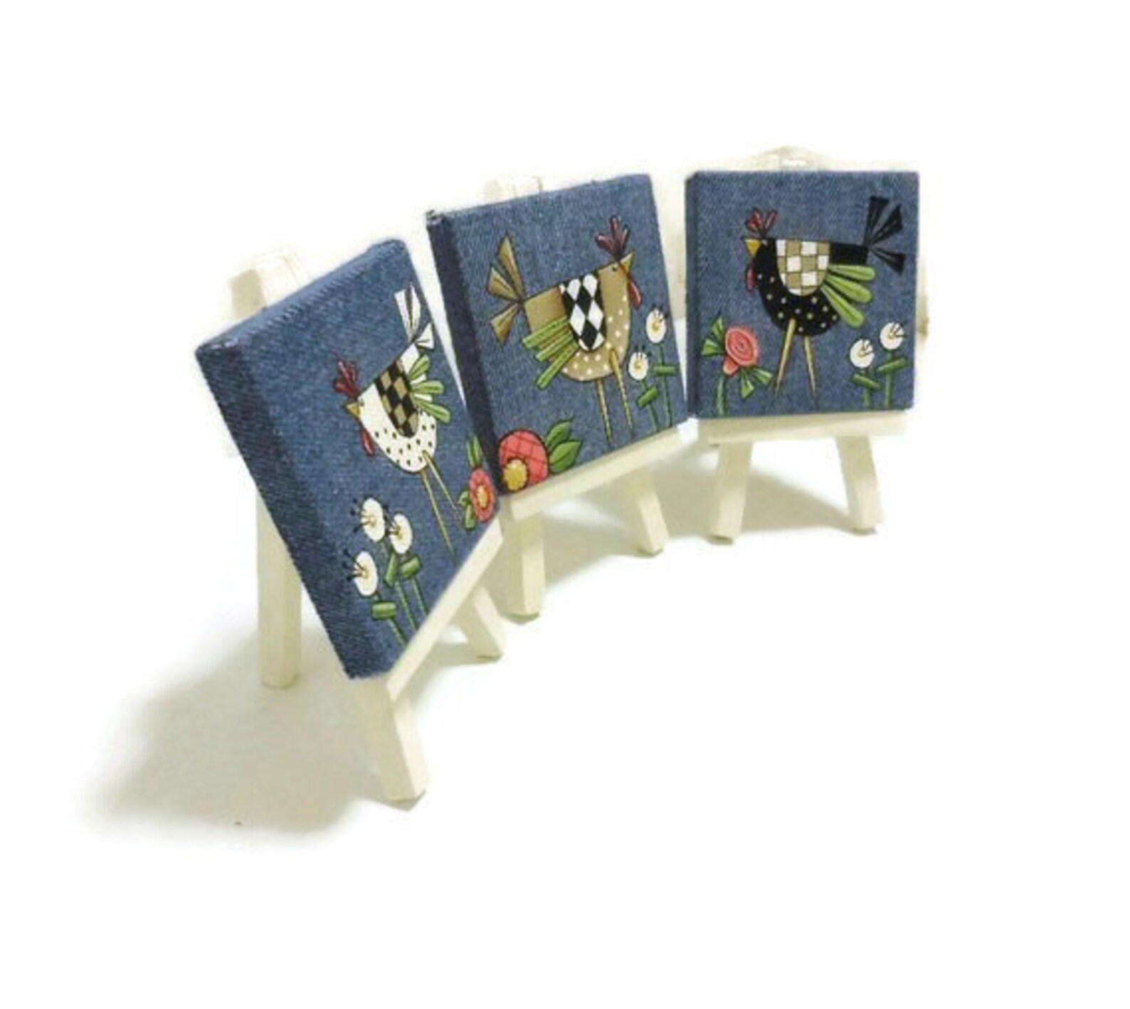 Funky Chicken on Mini Denim Canvas With Easel | Etsy